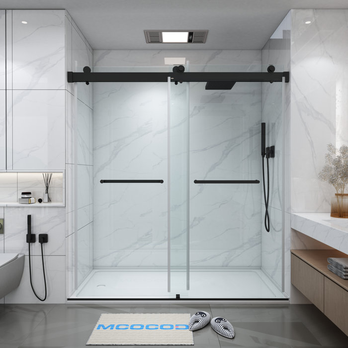MCOCOD 60" W x 76" H x 2/5" THK Tempered Glass Double Smooth Sliding Frameless Shower Door with ...